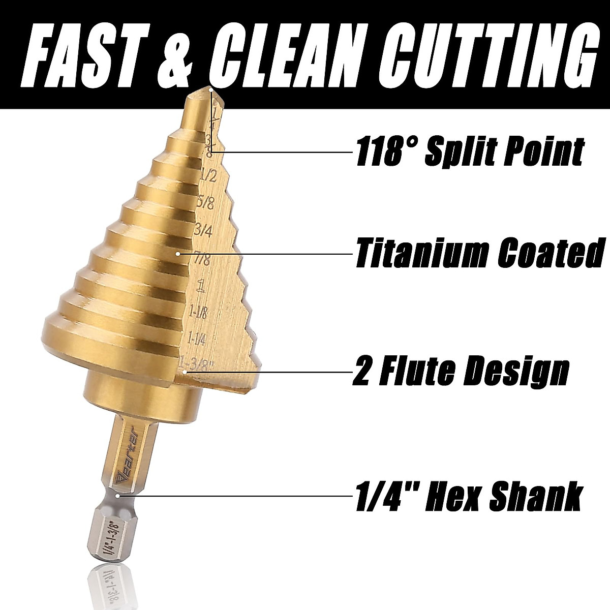 Vearter HSS Straight Groove Step Drill Bits, 1/4" - 1-3/8" Unibit 10 Steps M2 Material Titanium Coated Hex Shank for Drilling Holes in Stainless Steel Aluminium Sheet Metal Wood Plastic PVC