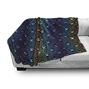 Ambesonne Dog Lover Soft Flannel Fleece Throw Blanket, Paw Print Pattern Diamond Shaped Rhombus Shapes Design Geometric Arrangement, Cozy Plush for Indoor and Outdoor Use, 70" x 90", Blue Orange
