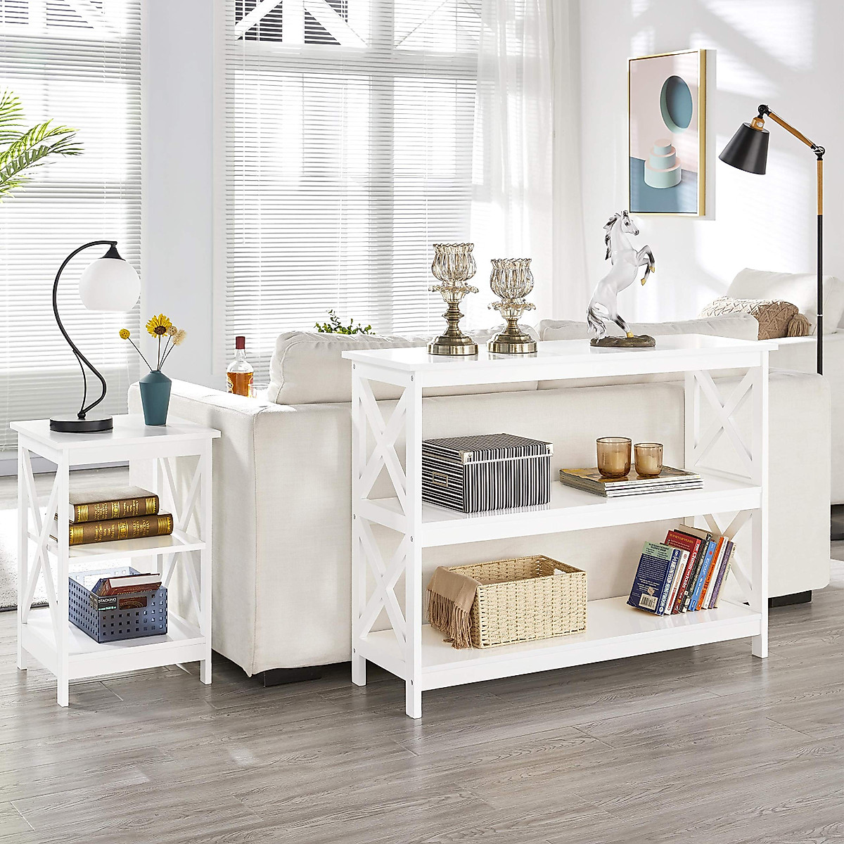 Yaheetech Console Table with 3 Storage Shelves, Entryway Table Sofa Side Table Narrow Long Bookshelf for Hallway Living Room, Accent Furniture, White