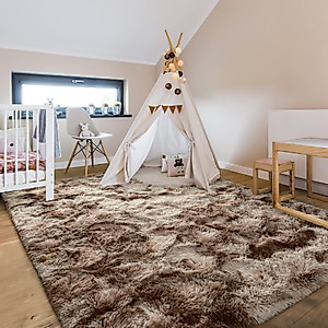 Hutha 5x8 Large Area Rugs for Living Room, Super Soft Fluffy Modern Bedroom Rug, Tie-Dyed Brown Indoor Shag Fuzzy Carpets for Girls Kids Nursery Room Home Decor
