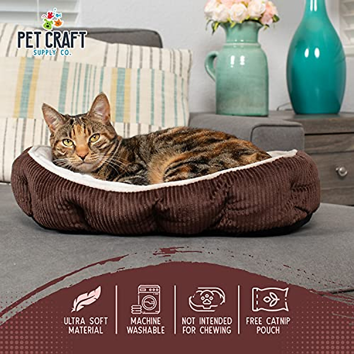 Pet Craft Supply Cat Bed for Indoor Cats - Kitten Bed - Machine Washable - Ultra Soft - Self Warming - Refillable Catnip Pouch, 5 Inch, Brown