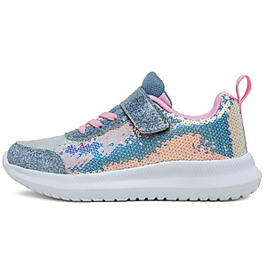 Toandon Little Girls Kids Sneakers Sequins Shoes Breathable Lightweight Elastic Band Athletic Sport Running Walking Fashion Child Strap Non Slip Hook and Loop Closure Sneakers Pink Blue Size 2
