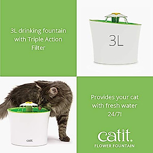 Catit Flower Fountain with Triple Action Filter, Cat Drinking Water Fountain, 3 L, Green