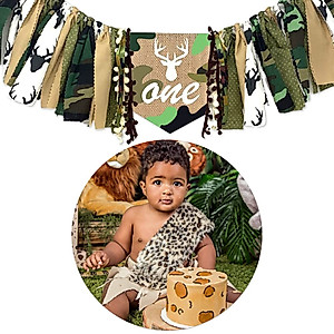 XCKALI Jungle Hunting High Chair Birthday Theme Banner 1st Birthday High Chair One Banner Camouflage Decoration High Chair Party Baby Shower Banner