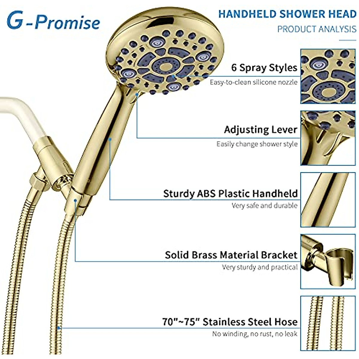 G-Promise Handheld Shower Head High Pressure 6 Spray Settings, Detachable Hand Held Showerhead 4.9" Face with Extra Long Flexible Hose and Metal Adjustable Bracket