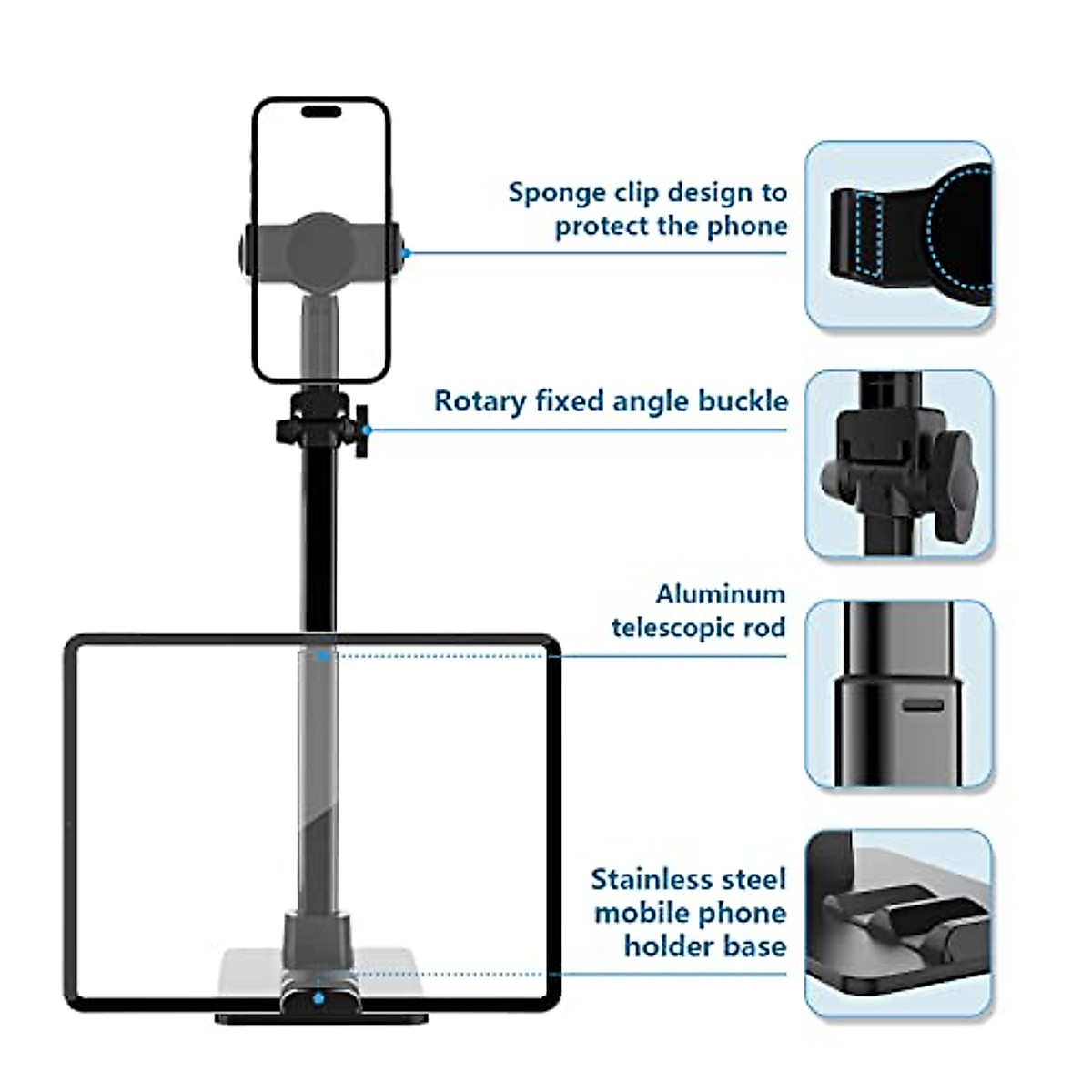 PEPPER JOBS Cell Phone Stand Adjustable Height & Angle Phone Holder Phone Stand for Desk Cell Phone Clip Stand Holder Two-in-one Live Streaming Stand Compatible with 3.5"-6.7" Device