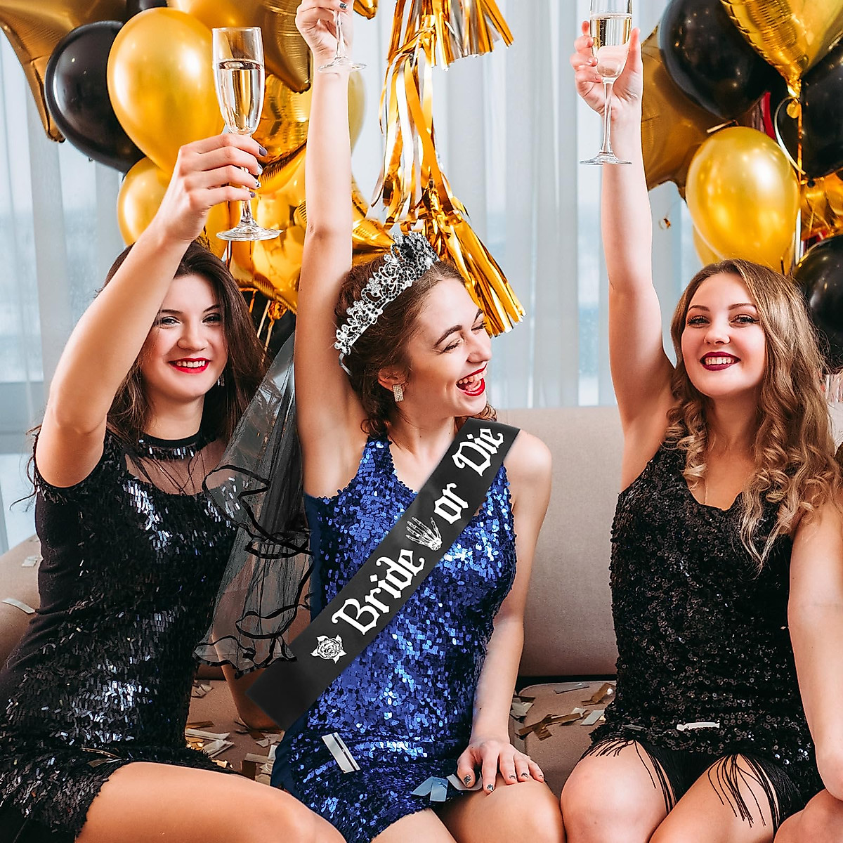 Crowye 3 Pcs Black Bride Veil Bride or Die Sash Bachelorette Party Decorations Crystal Bride Tiara Bride Crown Skull Wedding Veil with Comb Wedding Day Accessories Bridal Shower Decoration