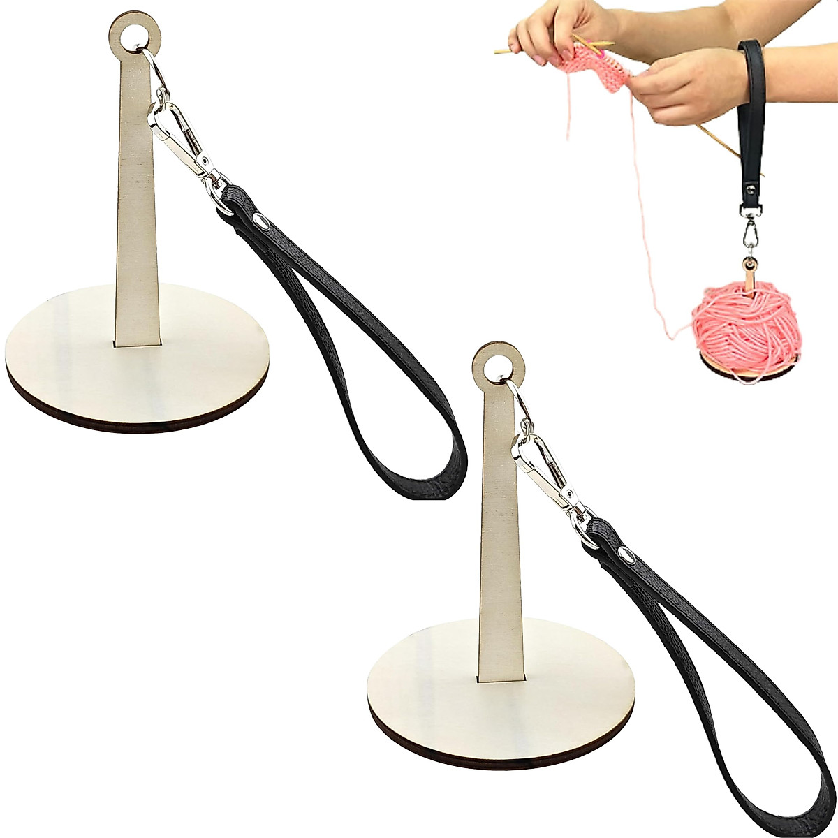 2 Pieces Portable Wrist Yarn Holder | Yarn Ball Holder | Yarn Minder | Yarn Storage | Wood Yarn Holder | Yarn Holder with Leather Wrist Strap | Yarn Holder for Knitting | Knitting Supplies