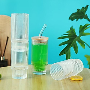 16oz Glass Cups with Lids and Straws Ribbed Glassware Iced Coffee Cup Set of 4, Drinking Glasses for Coffee Bar Kitchen Accessories Whiskey Cocktail Beer Coffee Tea, Gifts for Women.