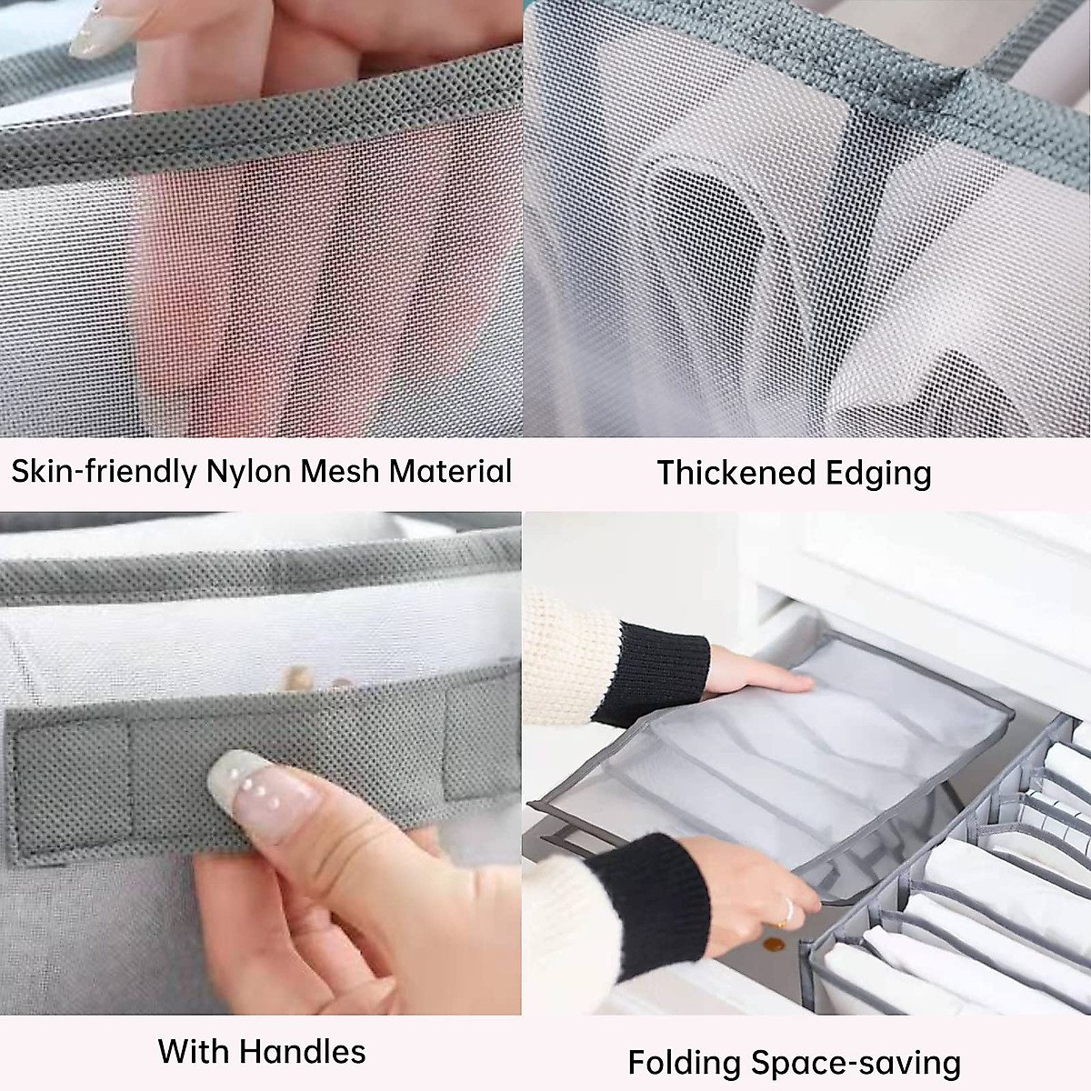 Wardrobe Clothes Organizer, 9 Grids Upgraded Washable Closet Organizers and Storage, Jeans Leggings Compartment Storage Box, Foldable Drawer Mesh Separation Box for Jeans, Shirt, Legging, Grey (4Pcs)