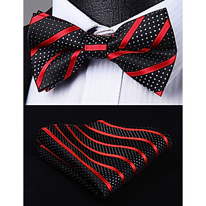 HISDERN Bow Tie and Suspenders for Men Red Striped Suspender and Bowtie Handkerchief Set Adjustable Y Shape 6 Clips Wedding Brace
