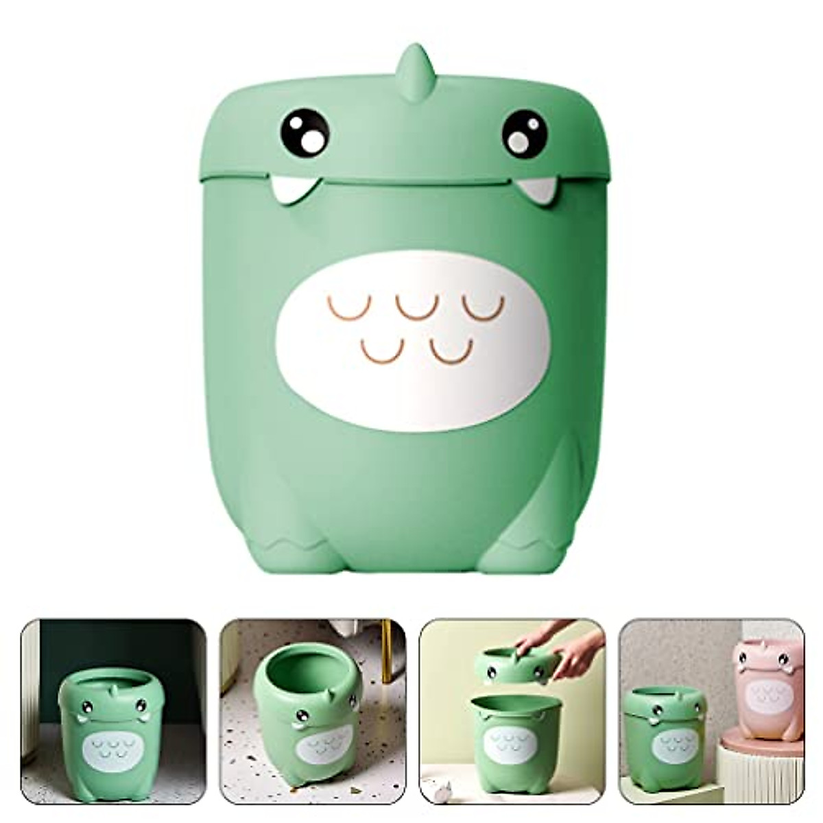 Beavorty Dinosaur Trash Can Plastic Mini Wastebasket Trash Can with Lid Cute Tiny Desktop Waste Garbage Bin for Home Office Kitchen Vanity Tabletop Bedroom Bathroom (Green)