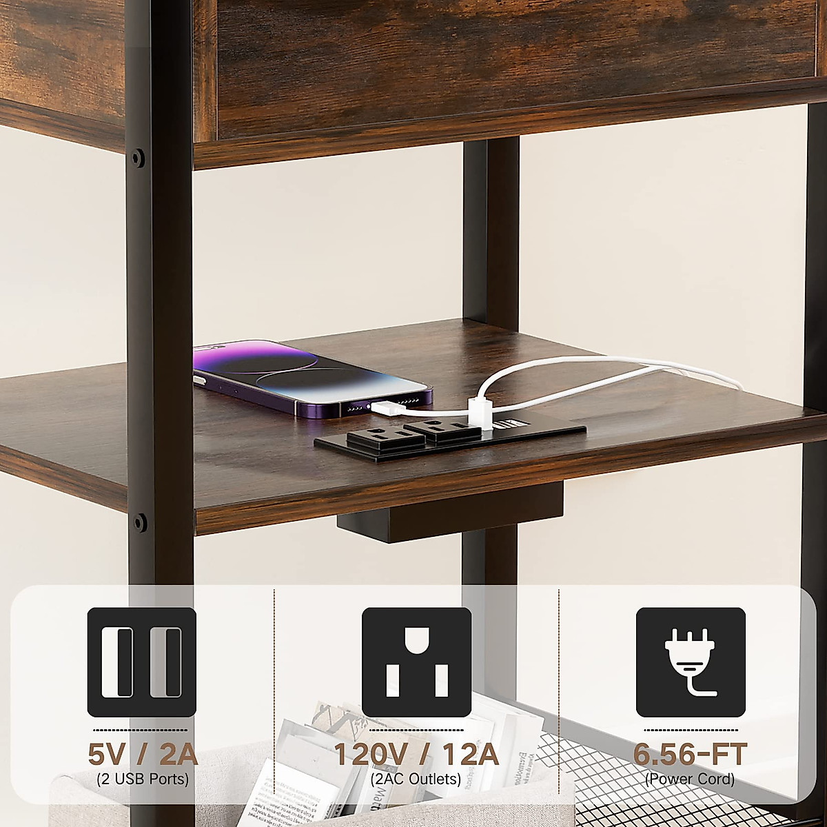 YAKANJ Modern Nightstand with Charging Station and Drawer,3-Tier Side Table End Table for Living Room,Bedroom,Narrow Sofa Table Bedside Table with Storage Shelf for Small Spaces-Brown