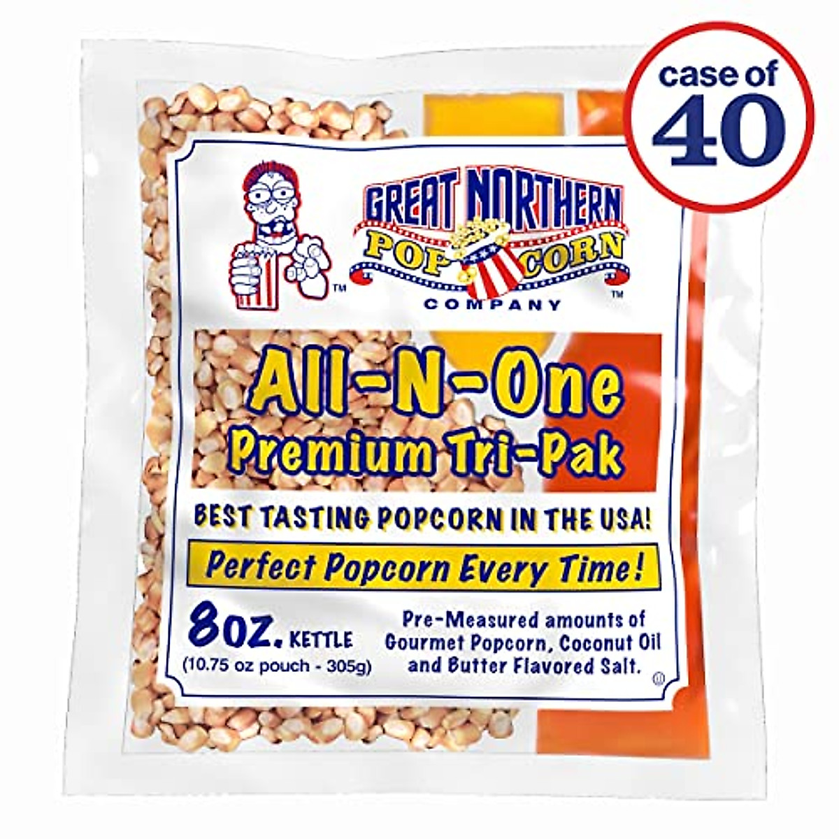 Great Northern Popcorn Company Movie Theater Style 40-Count Popcorn Packs Pre-Measured 8-Ounce All-in-One Kernel, Salt, Oil Packets for Popping Machines, 8 Ounce (Pack of 40)