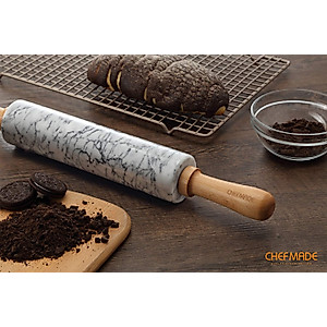 CHEFMADE 18-Inch Marble Rolling Pin with Wooden Handles and Cradle, Non-Stick (Gray and White)