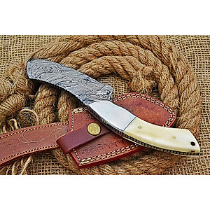 HUNTEX Handmade Hand-Forged Twist Pattern Damascus Steel 9 Inch Long Full Tang Natural Camel Bone Handle Razor Sharp Hunting Camping Cleaver Knife w/Genuine Leather Sheath