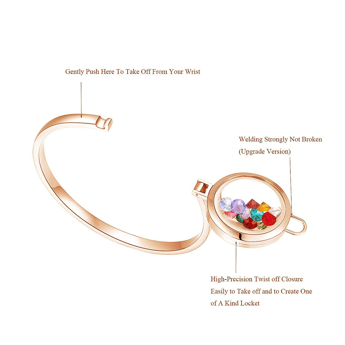 BG247 Stainless Steel 30mm Glass Floating Memory Living Locket Bangle Bracelet (Rose Gold Rhinestone Circle, 8)