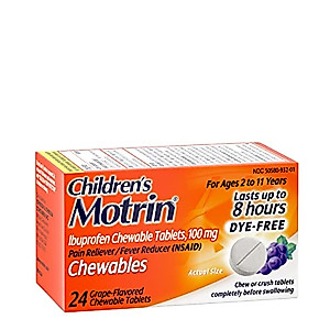 Motrin Children's Dye-Free Ibuprofen Chewable Tablets for Pain & Fever, Grape, 24 Count