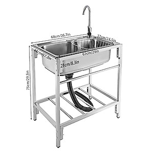 Free Standing Stainless Steel Single Bowl Commercial Kitchen Sink w/Drainboard, Drain Basket and Cold & Hot Faucet, Deep Utility Sink for Restaurant Laundry Garage Backyard (26.7 * 17.3 * 29.5 IN)