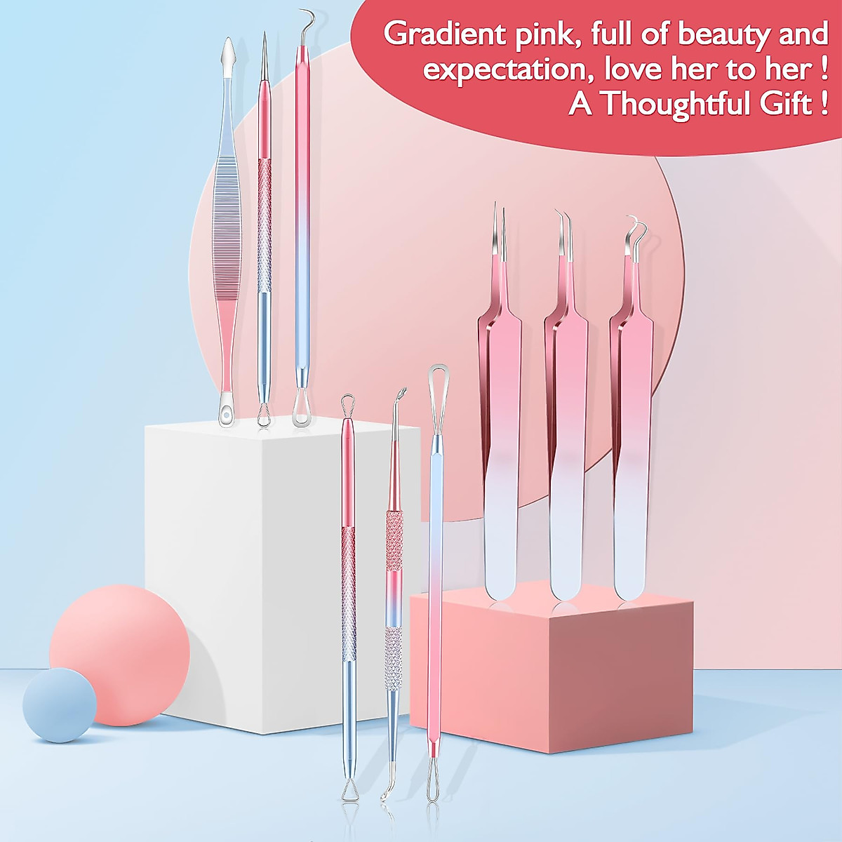 Kresecioo 9 PCS Blackhead Remover Tools, Pimple Popper Tool Kit, Acne Tools Extractor Kit Professional for Nose Face, Blemish Whitehead Zit Popping Tool with Portable Leather Bag(Pink)