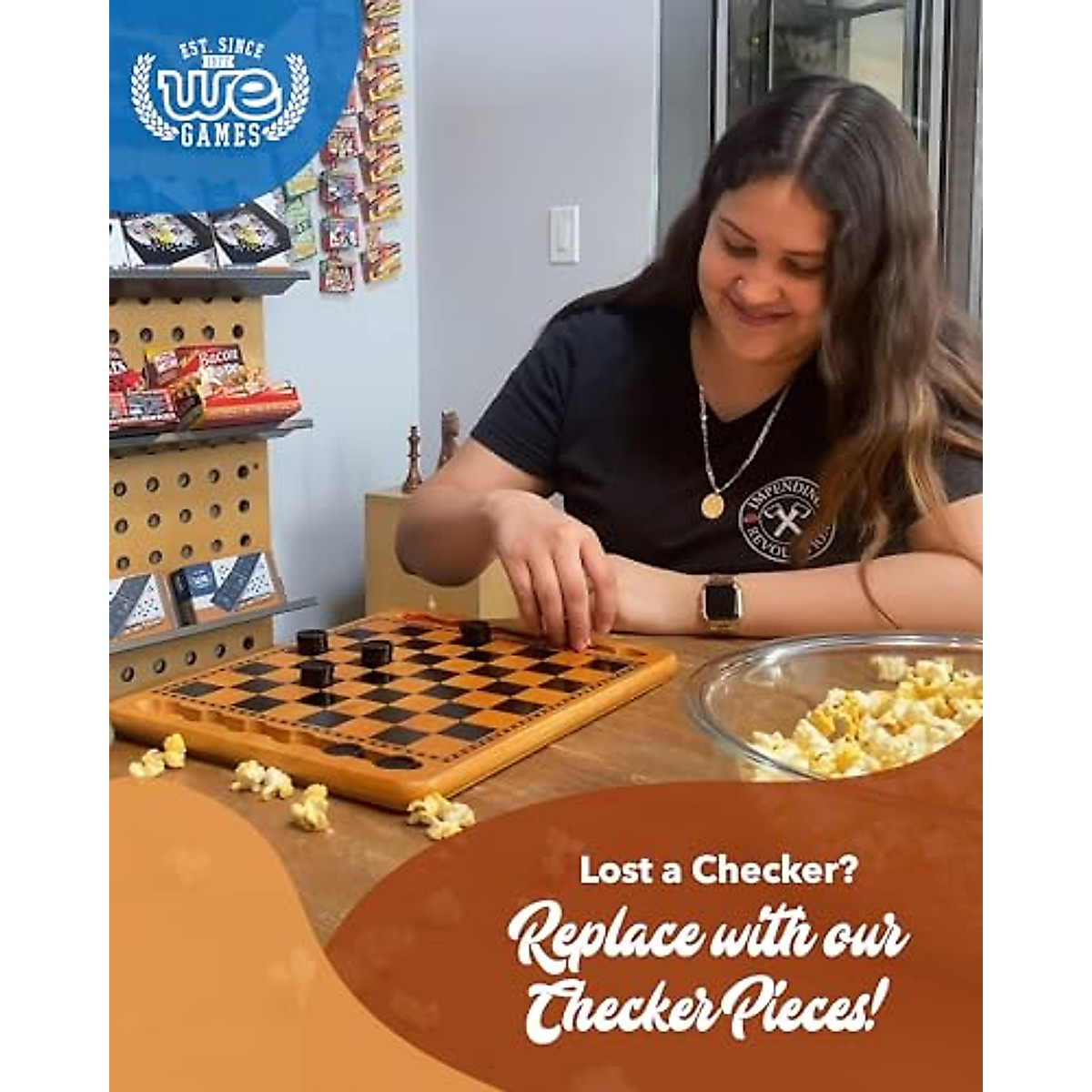 WE Games Checkers Pieces Only, Wooden Checker Board Game Pieces, 24 Red and Black Stackable Pieces, Drawstring Storage Bag, 1.062 Diameter