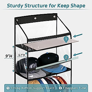 AOODA Clear Over the Door Hat Racks for Baseball Caps, Large Holds up to 72 Caps Hat Storage Organizer for Closet Wall, Deep Pockets Hanging Hat Holder with 3 Hooks, Black