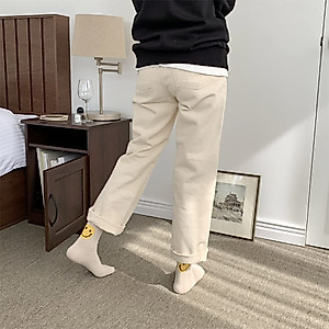 Saebyul 3Pairs Women Yellow Smiley Face Socks Cushioning Crew Soft 3 colors Packs Navy, Oatmeal, Gray