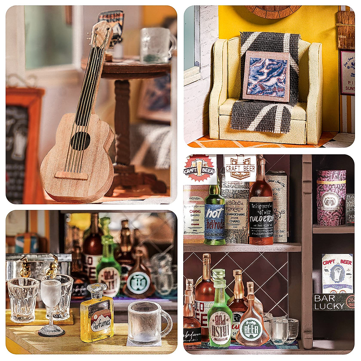 ROBOTIME DIY Dollhouse Miniature Wooden Light Music Bar Kit with LED to Build Miniature Craft Kits for Adults Decent Gift