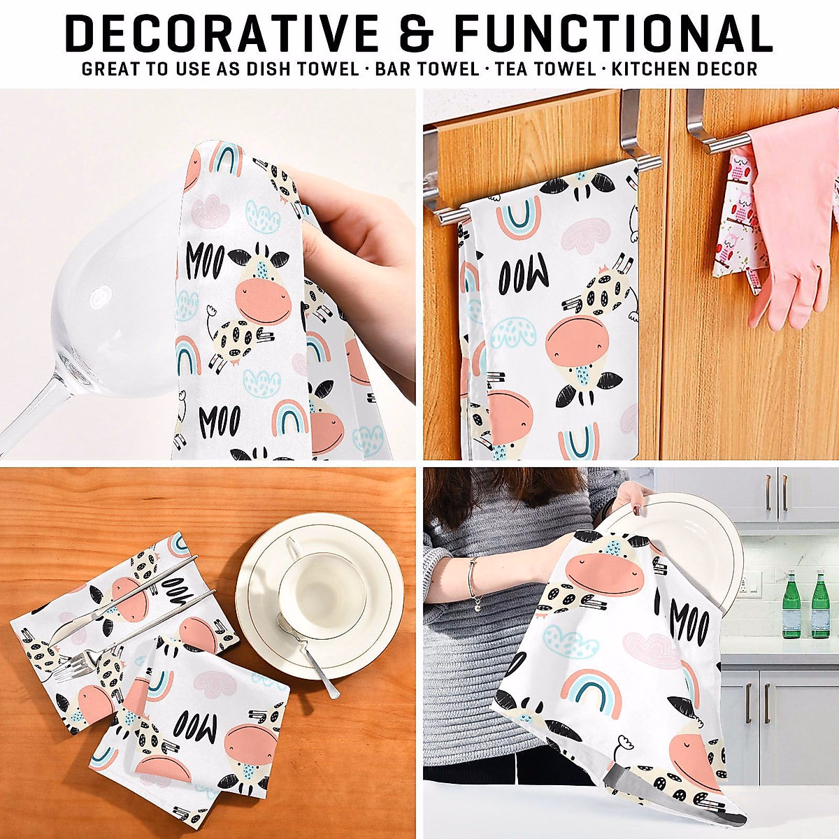 Kigai Cow Kitchen Towels, 18 x 28 Inch Super Soft and Absorbent Dish Cloths for Washing Dishes, 4 Pack Reusable Multi-Purpose Microfiber Hand Towels for Kitchen