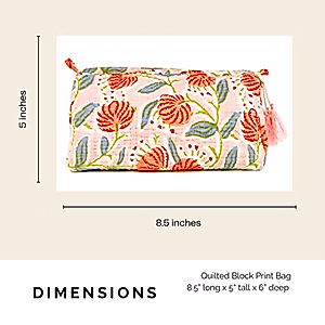 Block Print Designer Toiletry Bag & Makeup Case - Boho Floral Quilted Pouch for Cosmetics, Skincare - Waterproof Lined Organizer for Diaper Bag, Purse, Travel, Gift, Pencils (Pink Multi Floral)