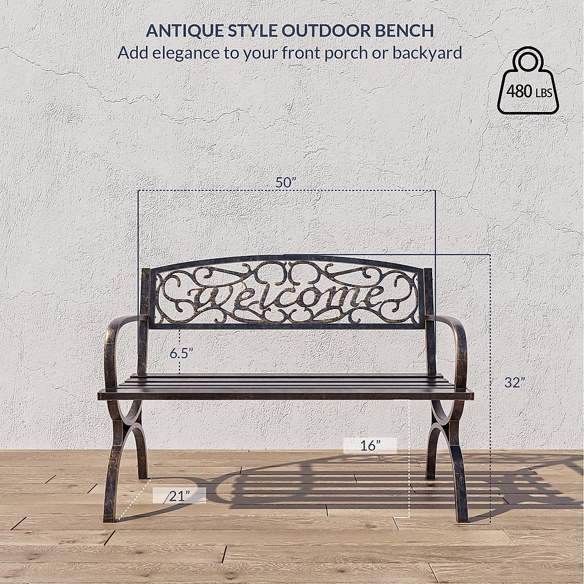 BELLEZE Outdoor Bench, 50-inch Patio Garden Bench, Cast Iron Metal Loveseat Chairs, for Park, Porch, Lawn, Balcony, Backyard, Garden Accessories, Welcome Design, Bronze