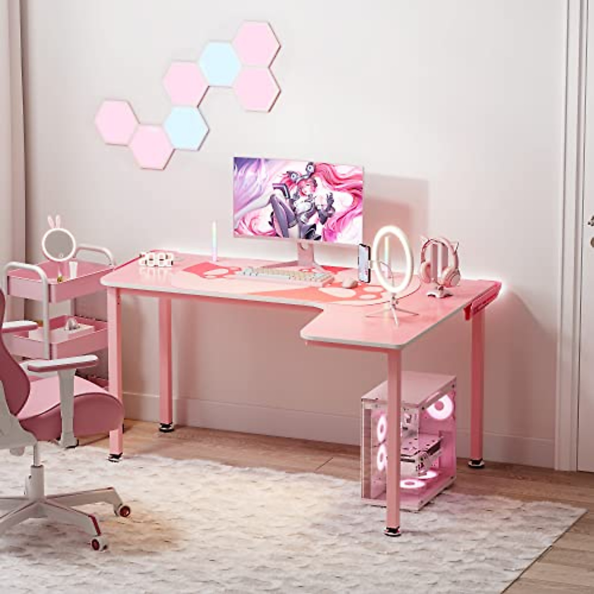 DESIGNA Pink Gaming Desk, 60 inch Pink L Shaped Gaming Desk, with Full Covered Cute Pink Desk mat for Girl Gaming Desk Pink, Easy to Assemble, Right Side