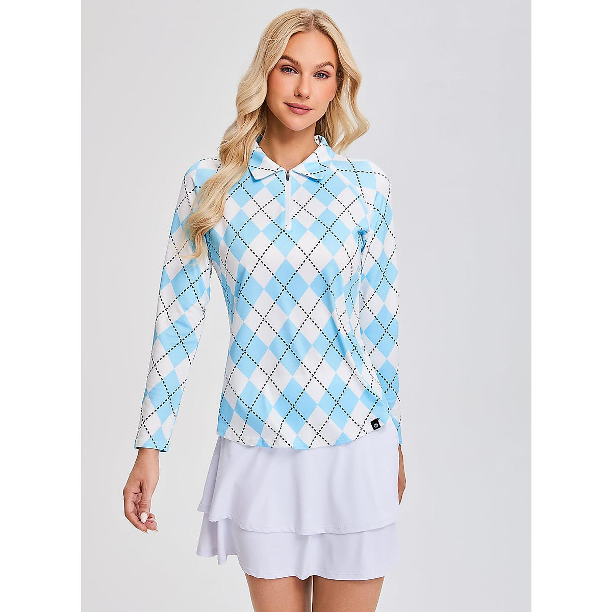 Women Long Sleeve Moisture Wicking Sport Golf Polo Shirt Tops（Blue Plaid,S