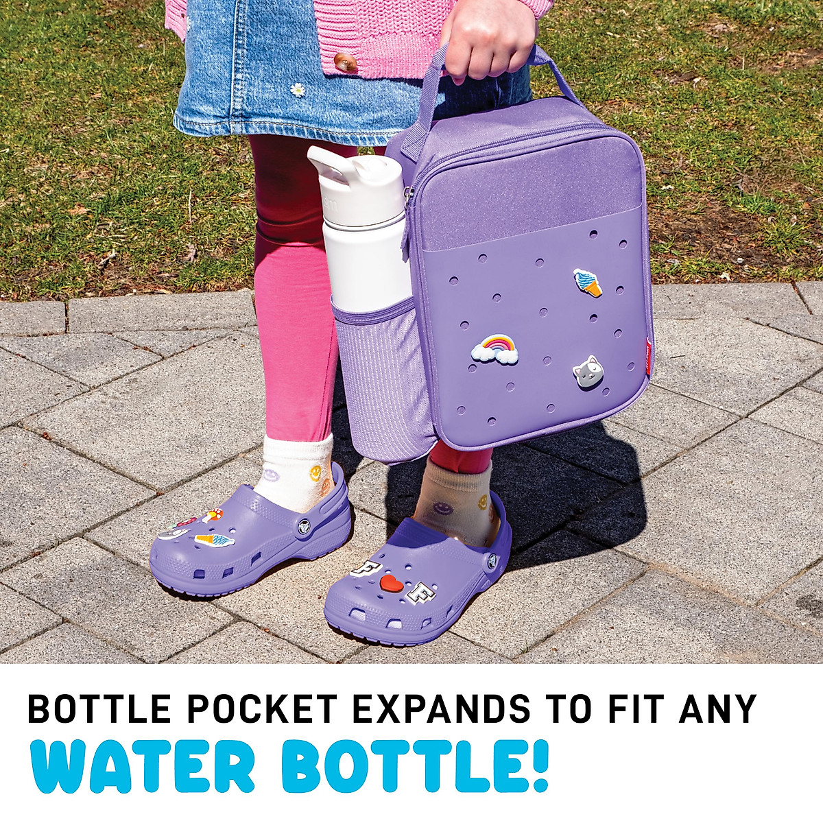 Fit & Fresh Charm Lunch Bag For Kids, Thermal Insulated Lunch Box For Kids Boys & Girls With Shoe Charm Slots For Personalization, School Lunch Box, Purple