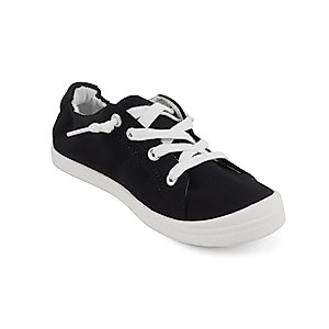 Soda Flat Women Shoes Linen Canvas Slip On Sneakers Lace Up Style Loafers Zig-S (7.5) Black/White