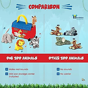 Bundaloo Plush Mini Zoo Playset - Giraffe, Elephant, Lion, Zebra - Interactive Animals, Carrier with Velcro Closure, Natural Sound Effects for Babies and Toddlers