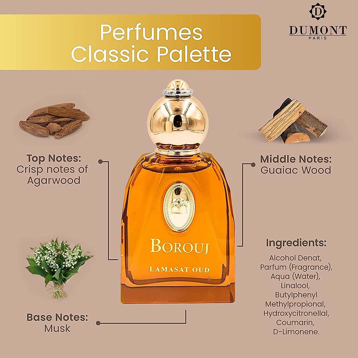 Dumont BOROUJ LAMASAT OUD - 85ml Travel Size - Arabic Inspired Unisex Perfume for Men & Women - Musky, Woody & Oriental Fragrance - Long Lasting Cologne Mist & Body Spray - for Him & Her