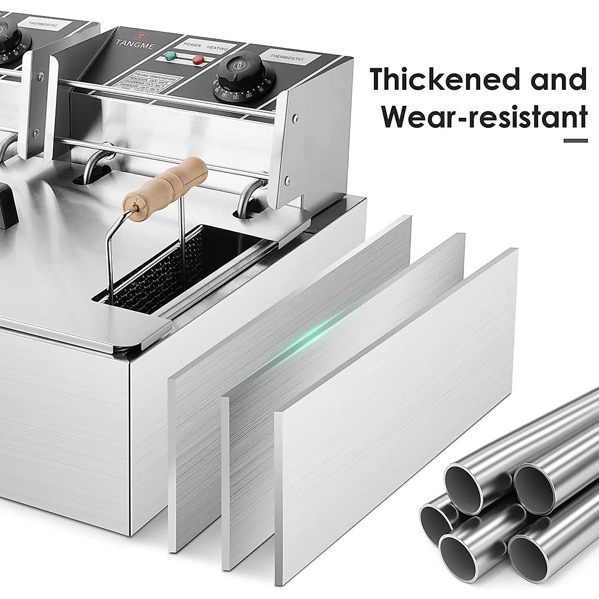 TANGME Commercial Deep Fryer, 3400w Electric Turkey Fryer with 3-Baskets, 22L/23.25Qt 1mm Thickened Stainless Steel Countertop Single Oil Fryer with Temperature Limiter for Restaurant