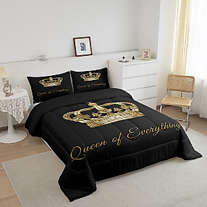 jejeloiu Queen Pattern Bedding Set Kids Crown Printed Comforter Set Modern Comforter for Women Men Room Decor Abstract Art Gold Black Duvet Set Queen Size with 2 Pillow Case