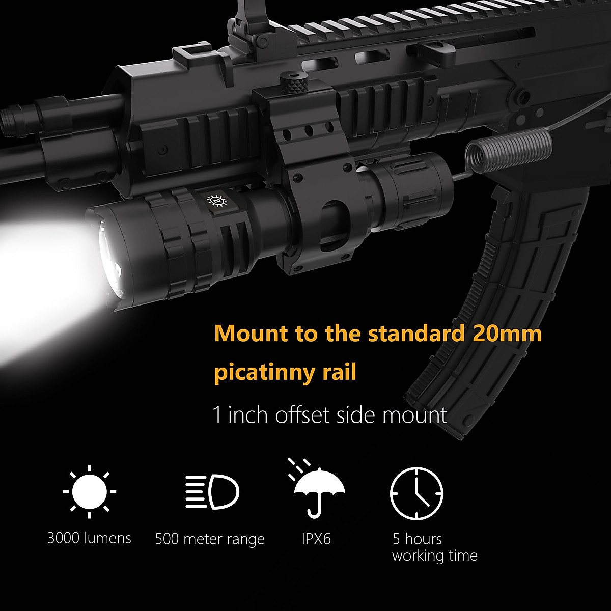 POVAST Tactical Flashlight Picatinny Rail Mount 1600 Lumens Side Switch Remote Pressure Switch USB Rechargeable, Matte Black