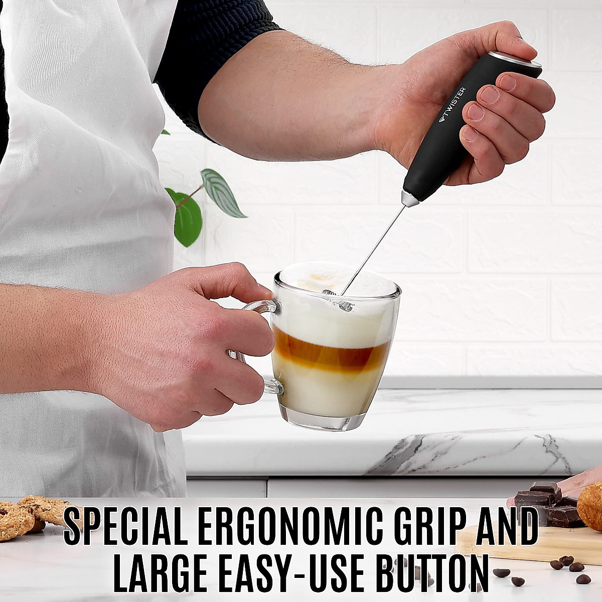 Zulay Kitchen Powerful Milk Frother Handheld - Easy-to-Grip Hand Mixer Electric - Twister-Design Mini Mixer for Powder Drinks - Coffee Frother Handheld & Mixer Electric Handheld - (Black/Silver)