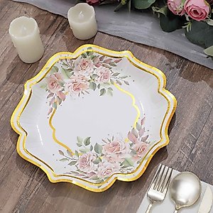Tableclothsfactory 25 Pack | White/Gold Floral 10" Scallop Rim Dinner Party Paper Plates, Disposable Plates - 300 GSM