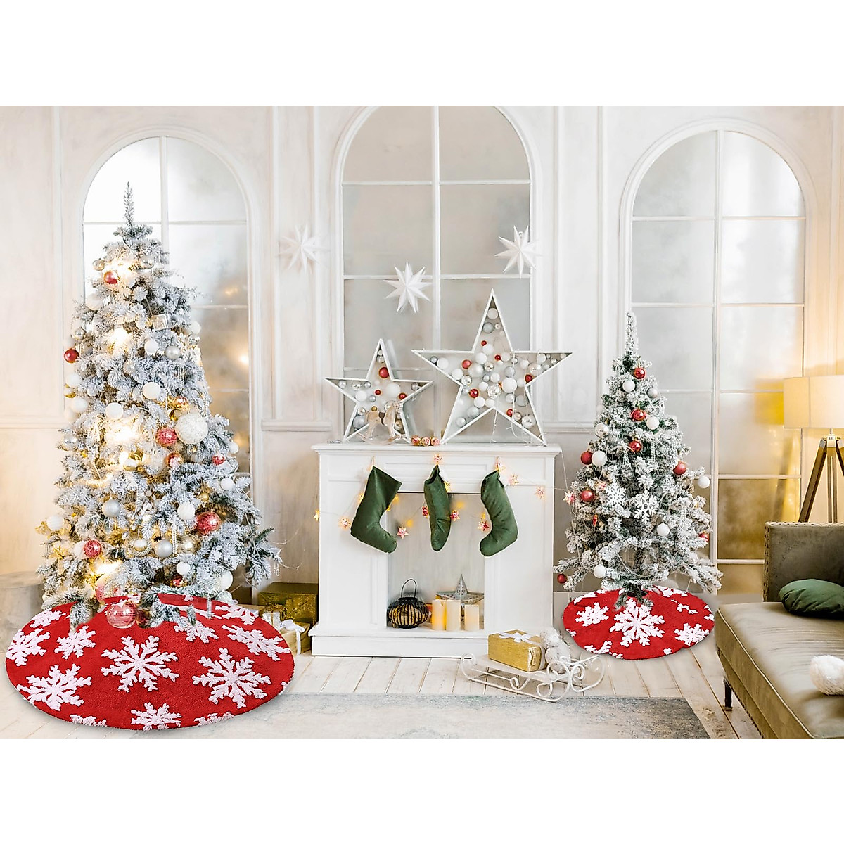 24 Inch Tree Skirt Small Red Christmas Tree Skirts with White Snowflakes Faux Fur Xmas Tree Decorations