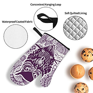 4Pcs Oven Mitts and Pot Holders Set Cute Night Owl Purple Print Heat Resistant Kitchen Gloves for Cooking,Baking,Grilling,BBQ