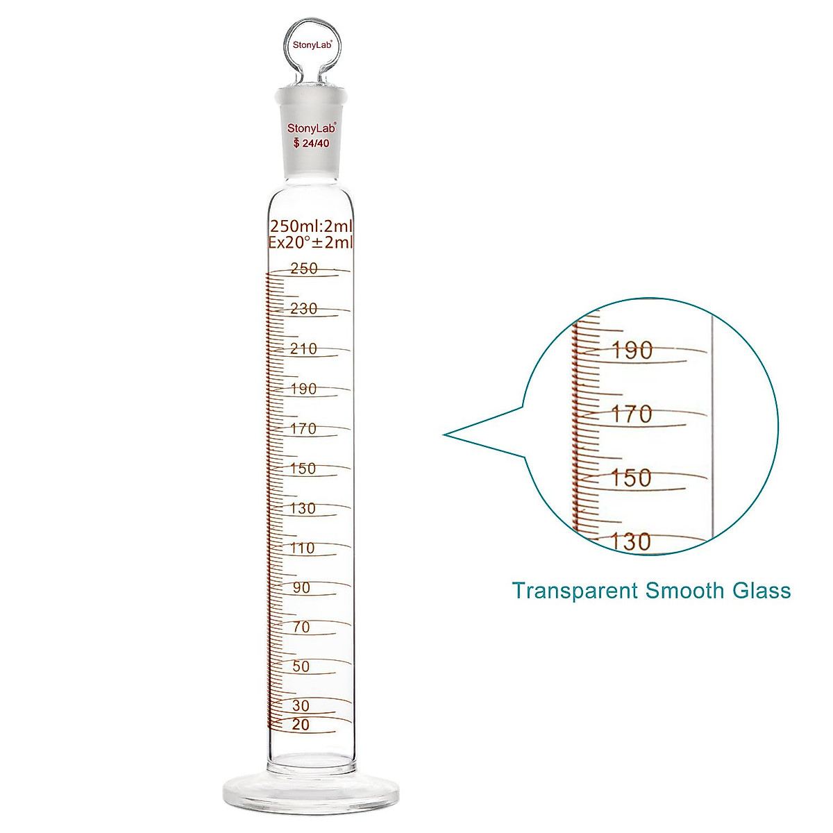 stonylab Measuring Cylinder with Stopper, 250 ml Heavy Wall Borosilicate Glass Measuring Graduated Cylinder with 24/40 Standard Ground Joint and Flat Head Stopper, 1 Pack