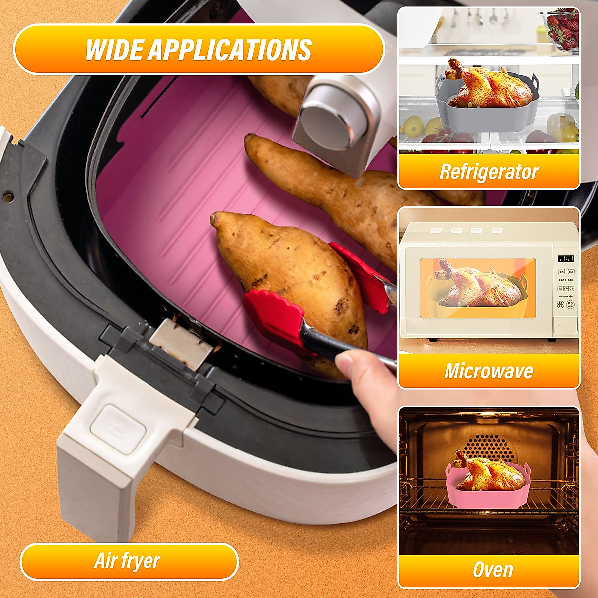 3 Pcs Air Fryer Silicone Liners, Air Fryer Basket 8 inch Square Heat Resistant Reusable Air fryers Silicone Pot for 4 to 7 QT Air Fryer Oven Microwave (Gray+Pink+Yellow)