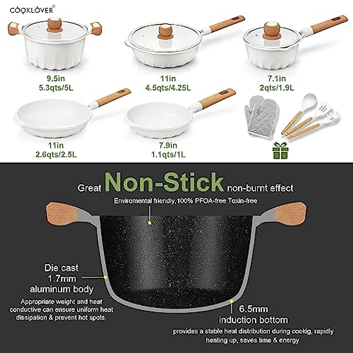 Cookware Set Nonstick 100% PFOA Free Induction Pots and Pans Set with Cooking Utensil 13 Piece – White