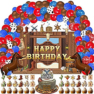 Western Cowboy Birthday Party Decorations, Cowboy Theme Party Supplies for Boys Cowgirl Baby - Backdrop, Cake and Cupcake Toppers, Latex Balloon, Foil Balloon, Hanging Swirls