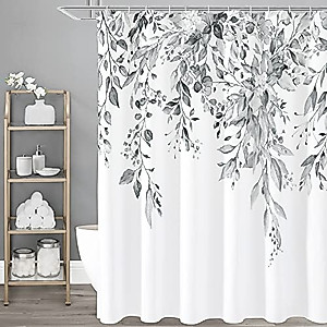 Gibelle Grey Eucalyptus Shower Curtain, Watercolor Plant Leaves with Floral Bathroom Shower Curtain Set with Hooks, Gray White, 72x72