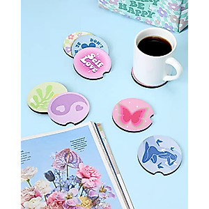 Huray Rayho 8pcs Danish Pastel Car Coasters 2.75inch Car Cup Holders Non-Slip Rubber Car Coasters with Finger Notch Drinks Coasters Aesthetic Smiling Face Flower Preppy Boho Cute Accessories for Women